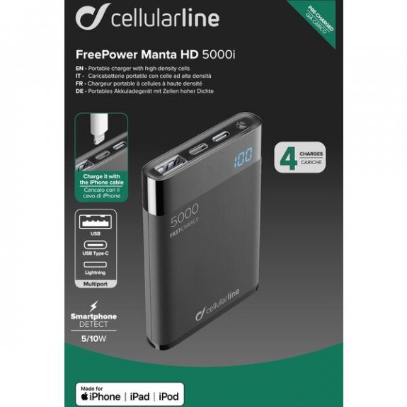 Cellularline FreePower Manta HD powerbanka s portami USB-C / USB - 5 000 mAh - čierna - AppleKing.sk