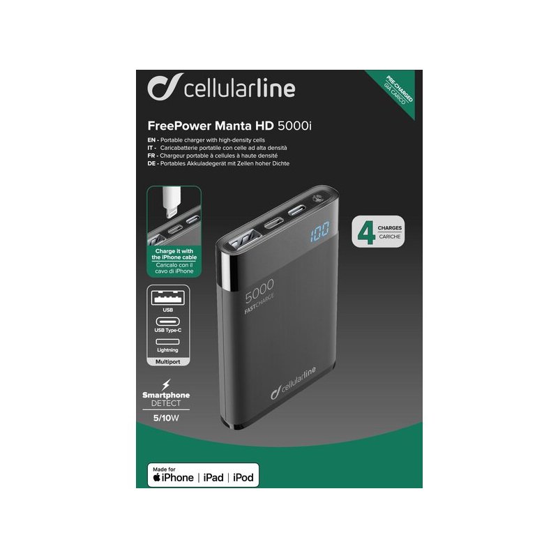 Cellularline FreePower Manta HD powerbanka s portami USB-C / USB - 5 000 mAh - čierna - AppleKing.sk